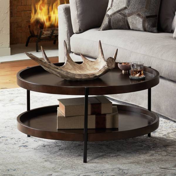 Elm Lane Taos Modern Industrial Minimalist Wood Round Coffee Table 36 Wide with Lower Shelf Dark Brown for Living Room Bedroom Bedside