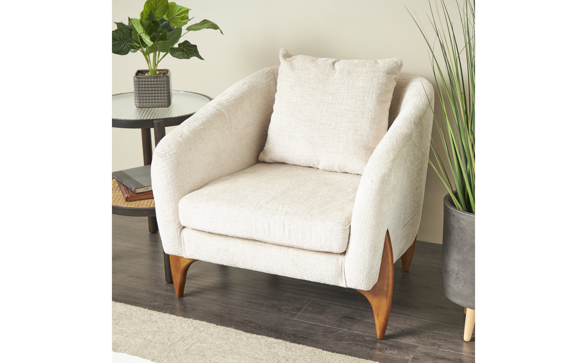 Litton Lane White Rounded Boucle Polyester Accent Chair with Brown Wooden Legs and Matching Pillow 044624 The Home Depot