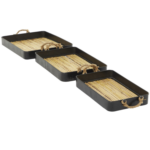 Novogratz Light Brown Handmade Rattan Slatted Base Decorative Tray with Metal Sides and Rope ...