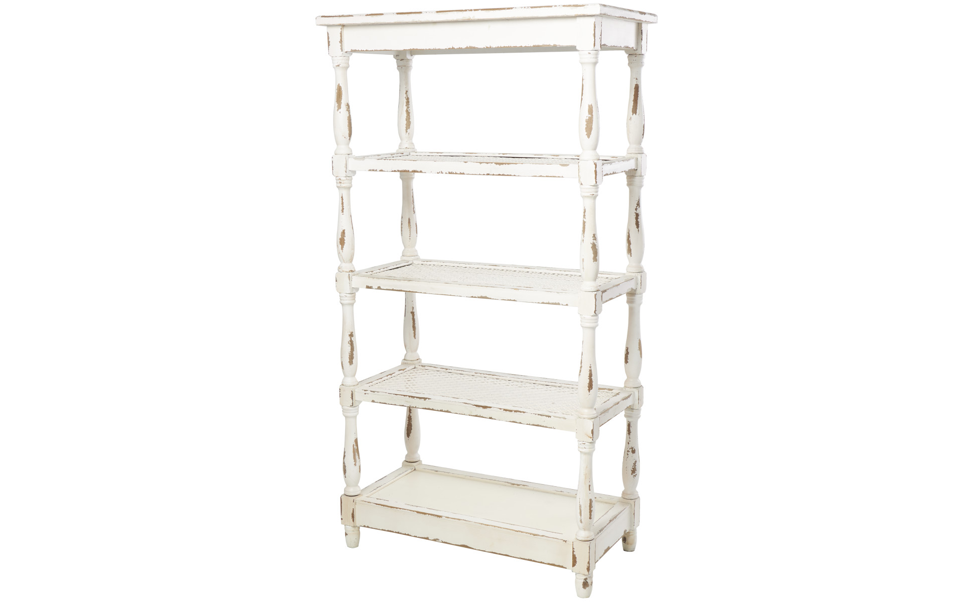 Litton Lane 55 in. 5 Shelf Wood Stationary White Distressed Open Shelving Unit with Spindle Sides and Mesh 44419 The Home Depot