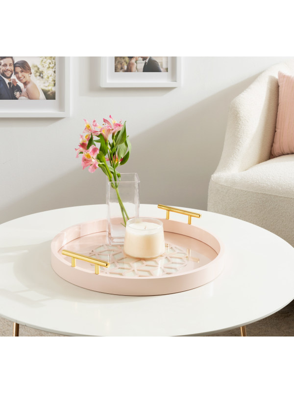 Kate and Laurel Caspen Glam Decorative Serving Tray 15.5 Inch Diameter Pink and Gold Decorative Tray with Round Shape and Polished Gold Metal